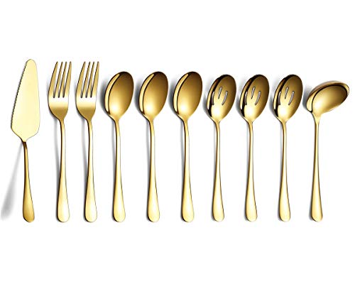 Gold 10-Piece Serving Flatware Silverware Set,Stainless Steel Serving Utensil Set,Include Slotted Serving Spoon, Serving Spoon, Cake Server, Serving Fork, Soup Ladle