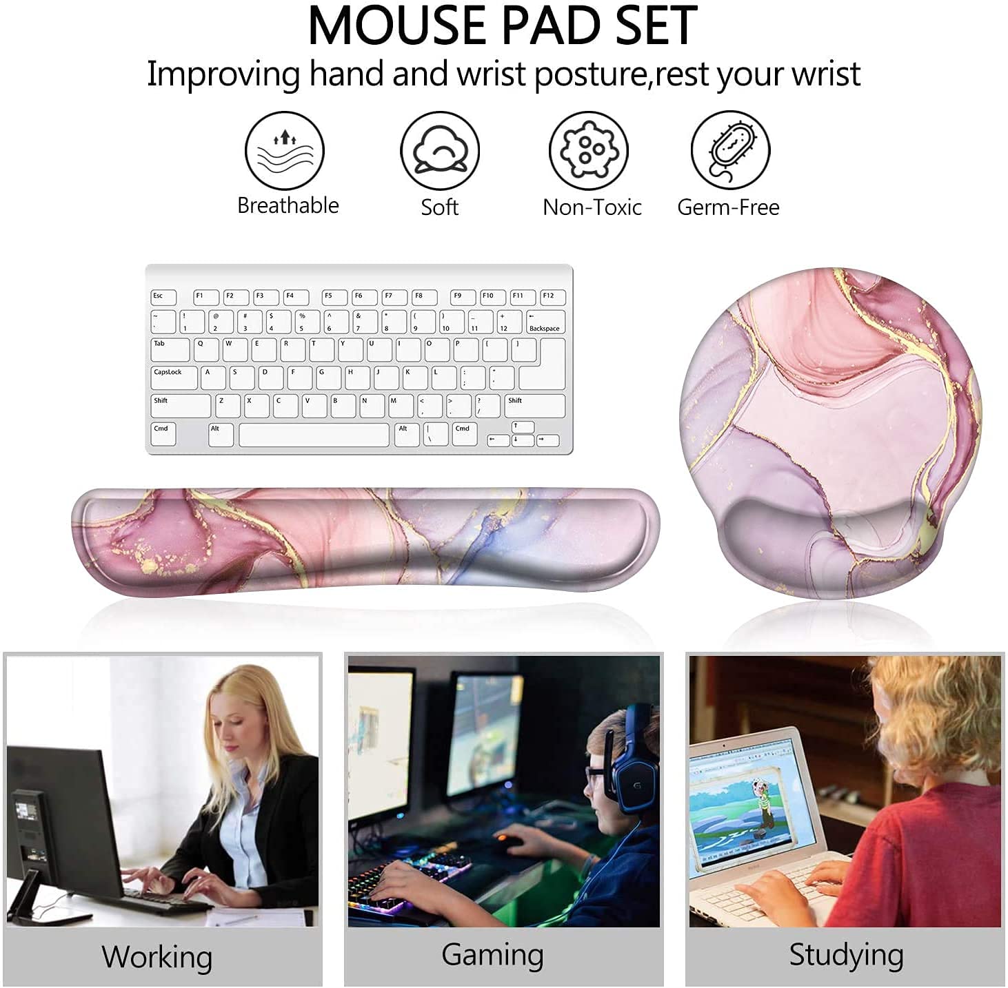 Keyboard Wrist Rest and Mouse Pad with Wrist Support, Ergonomic Memory Foam Mouse Pad for Gaming and Office, Pain Relief Mouse Pad and Wrist Support Set