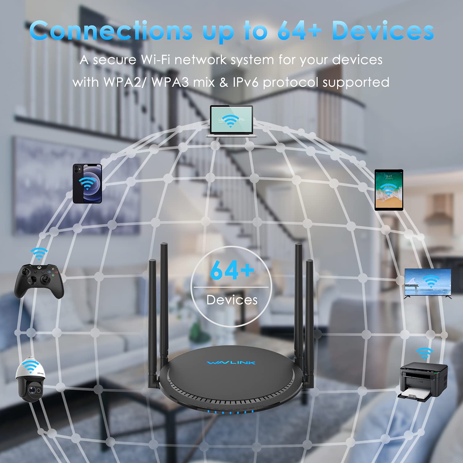 WAVLINK AX1800 WiFi 6 Smart Router, Dual Band Gigabit Wireless Internet Mesh Router for Home, Coverage up to 1,500 sq. ft., 64+ Devices, MU-MIMO OFDMA TWT, Turbo, TouchLink, Parental Control, QoS