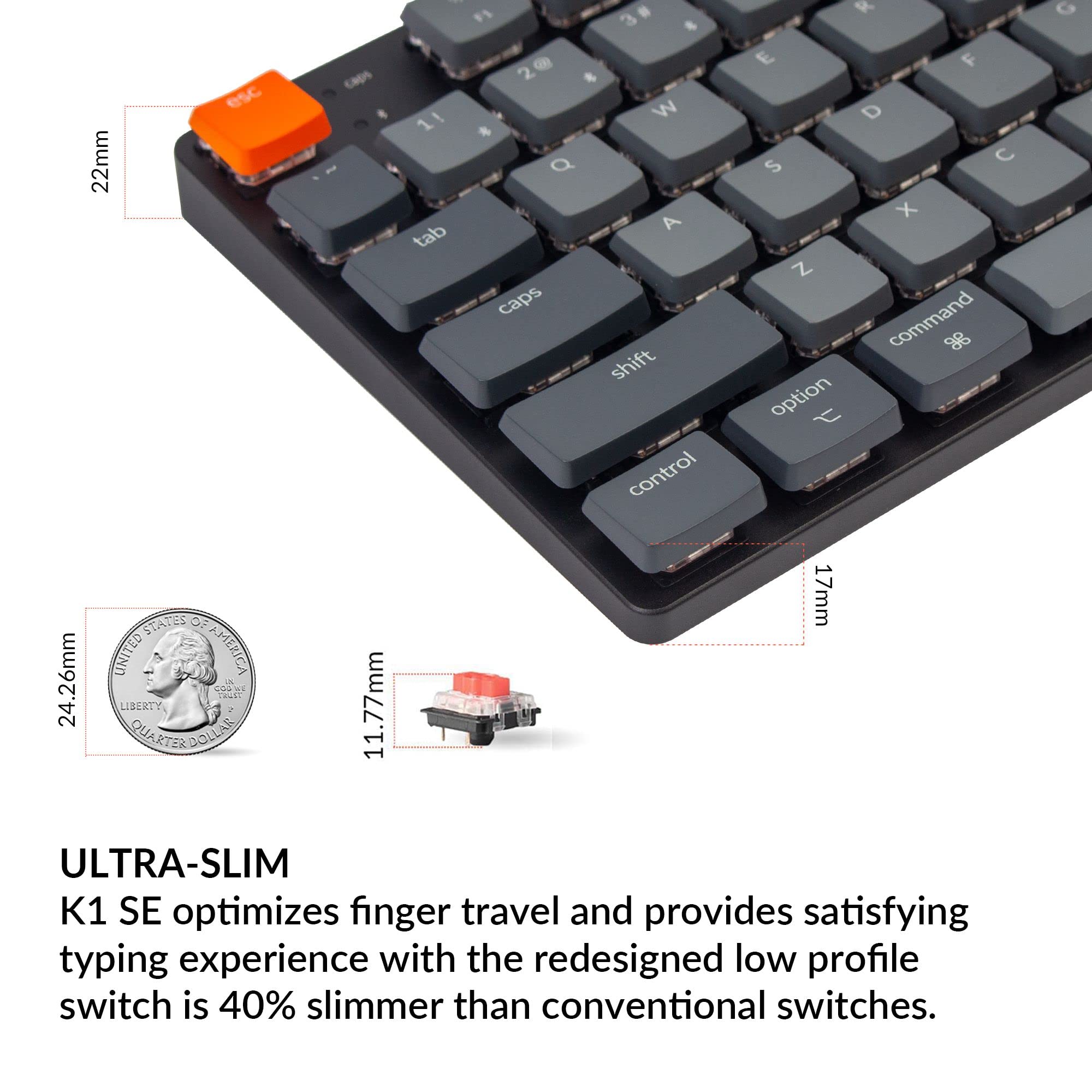 Keychron K1 SE, 87 Keys Ultra-Slim Wireless Bluetooth/USB Wired Mechanical Keyboard with White LED Backlit, Hot Swappable Low-Profile Gateron Mechanical Red Switch Compatible with Mac Windows