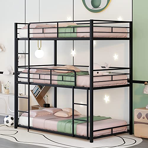 Triple Bunk Beds, Twin Over Twin Over Twin Metal Bunk Bed for Kids, Teens, Adults, Girls, Boys, Black