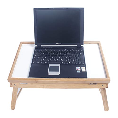 Bed Tray Table with Folding Legs,Adjustable Dining-Table Serving Breakfast in Bed or Use As a TV Table, Laptop Computer Tray, Snack Tray with Natural Bamboo (Wood Color & White Plank)