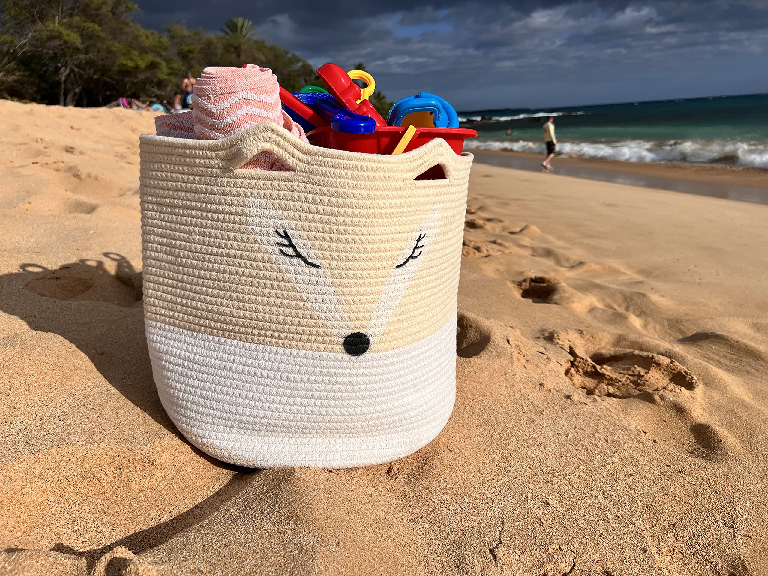 Large Cotton Rope Basket with Cute Animal Design - Unisex Bed & Bath Toy Bin Serves as Woven Laundry Basket & Nursery Hamper for Babies, Toddlers, Girls & Boys - Sturdy & Kid-Safe, 14" x 14 "