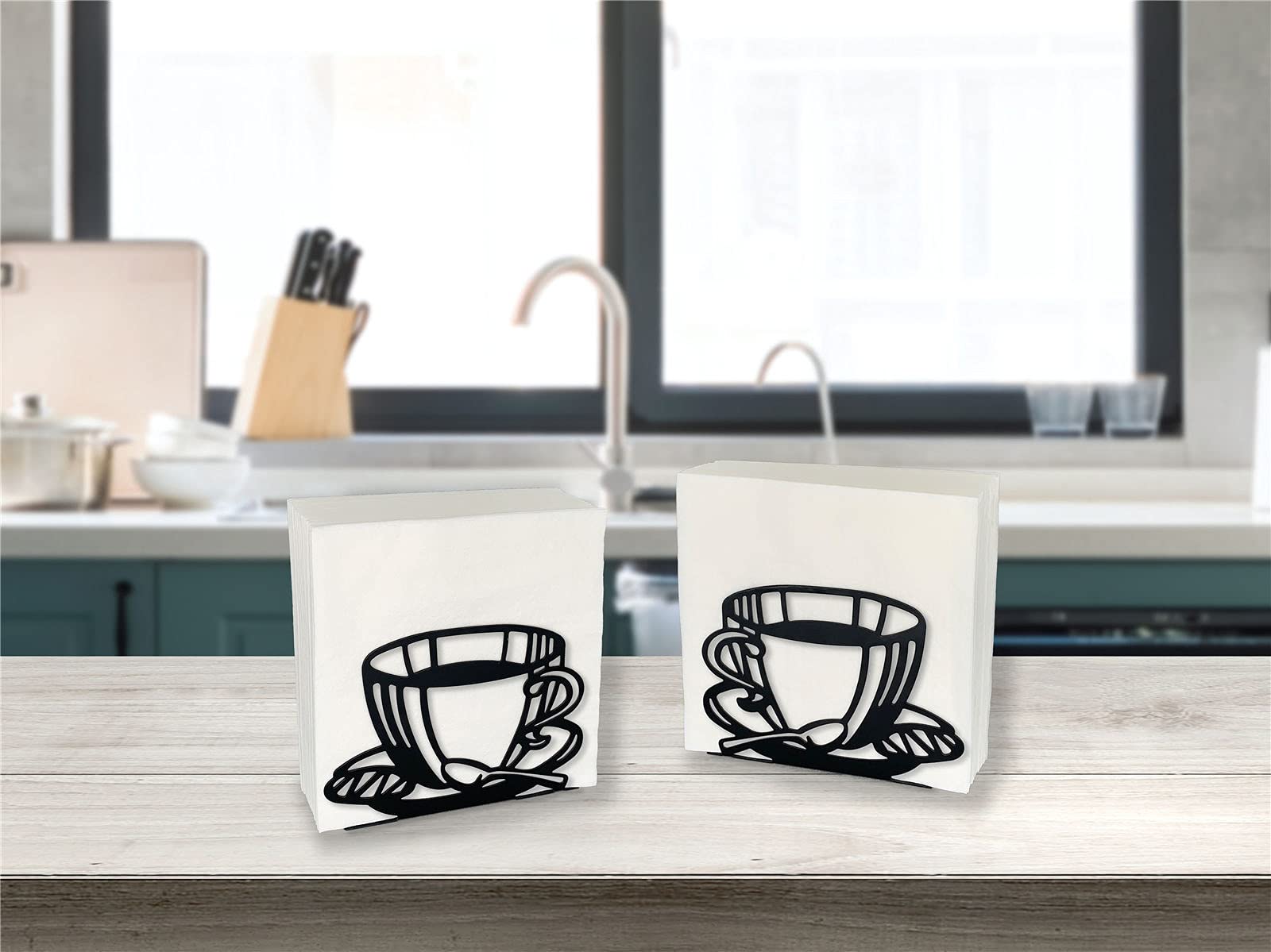 MAINFOR 2 Pcs Napkin Holders for Table, Black Farmhouse Kitchen Cocktail Dining Paper Napkin Holder, Stainless Steel Napkin Dispenser Holder (Coffee Cup Theme)