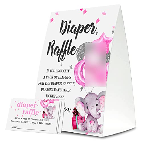 Yuansail Diaper Raffle Tickets For Shower, Pink Elephant Themed Cards, Party Favors For Showers Game Cards, 1 Sign & 50 Cards Per Pack – (bb007-niaobu)