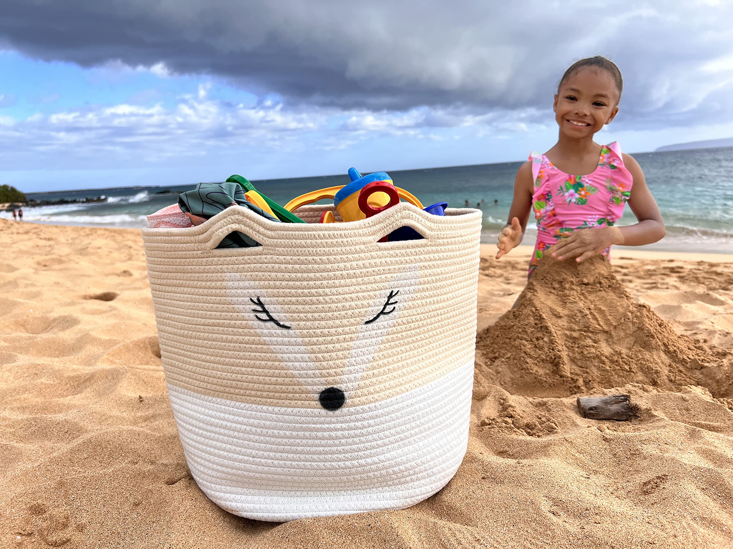 Large Cotton Rope Basket with Cute Animal Design - Unisex Bed & Bath Toy Bin Serves as Woven Laundry Basket & Nursery Hamper for Babies, Toddlers, Girls & Boys - Sturdy & Kid-Safe, 14" x 14 "