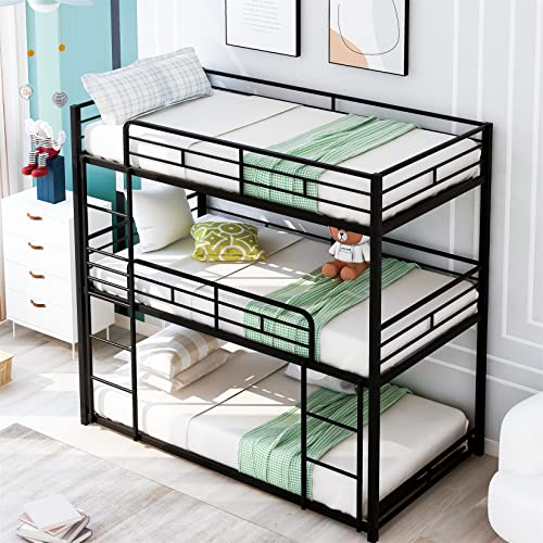 Triple Bunk Beds, Twin Over Twin Over Twin Metal Bunk Bed for Kids, Teens, Adults, Girls, Boys, Black