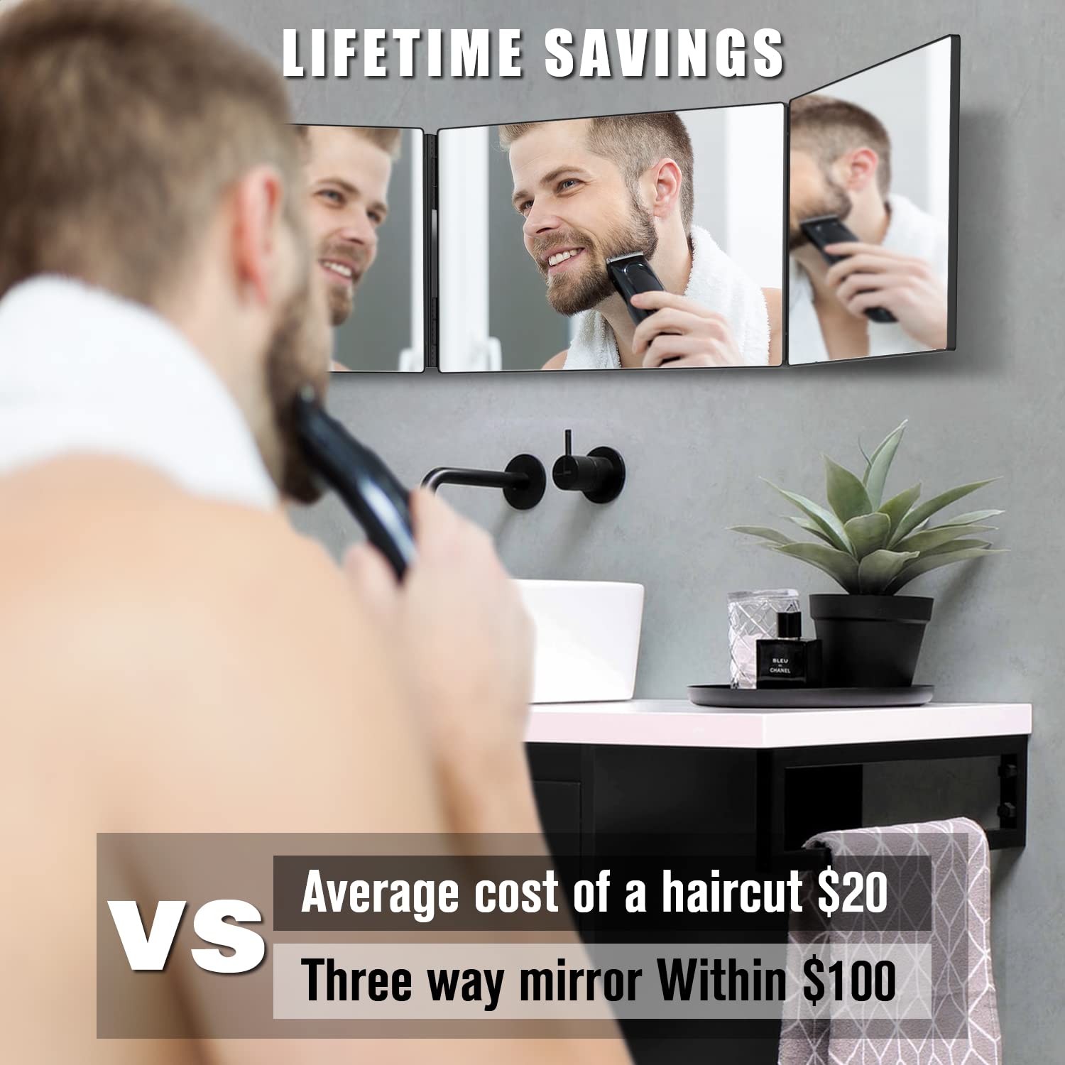 OLIBUY 3 Way Mirror for Hair Cutting, Tri-fold Mirror for Shaver and Makeup, Height Adjustable with Two Hold Nails Self Haircut Mirror can as a Gift for Men or Women