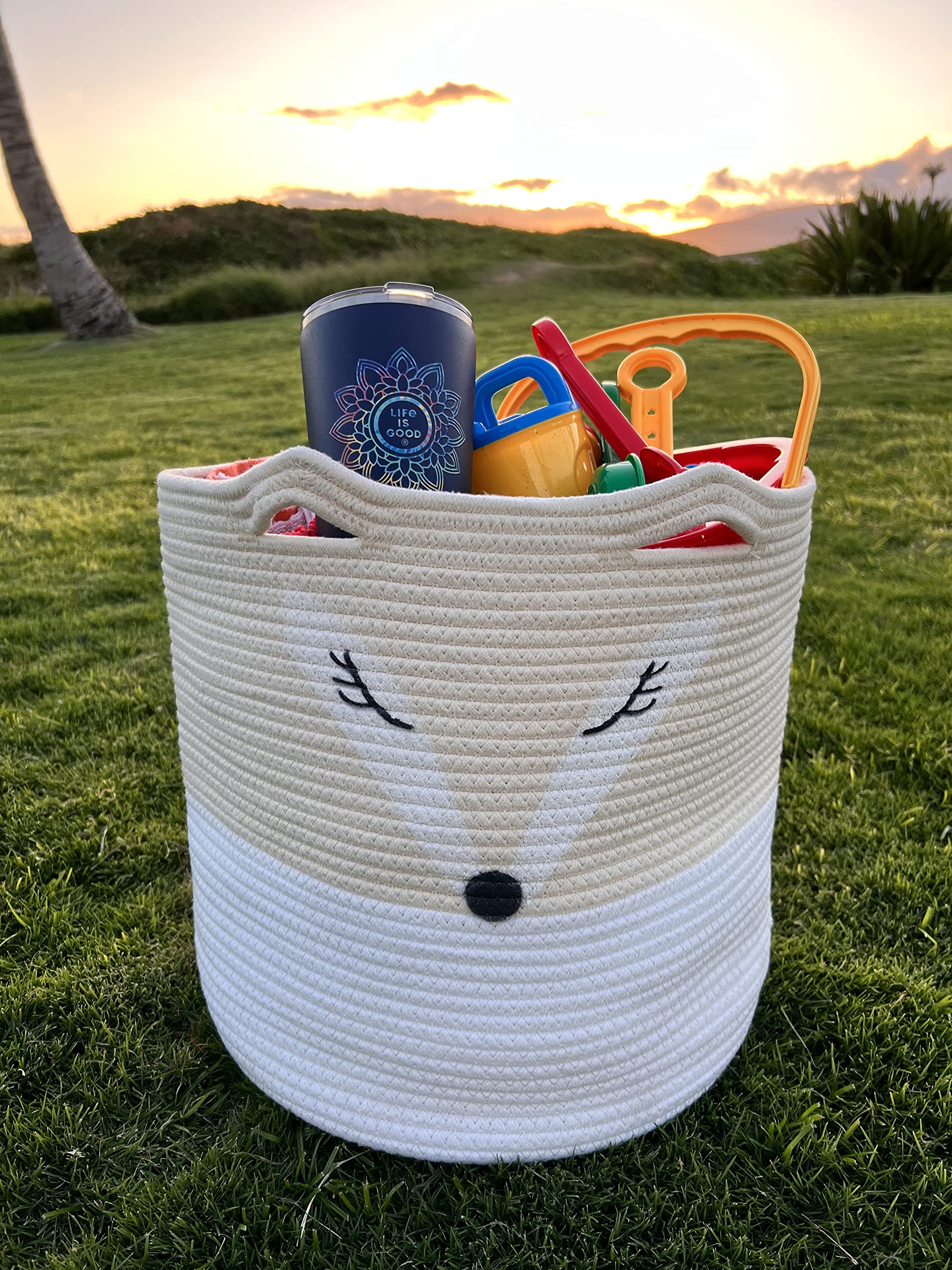 Large Cotton Rope Basket with Cute Animal Design - Unisex Bed & Bath Toy Bin Serves as Woven Laundry Basket & Nursery Hamper for Babies, Toddlers, Girls & Boys - Sturdy & Kid-Safe, 14" x 14 "