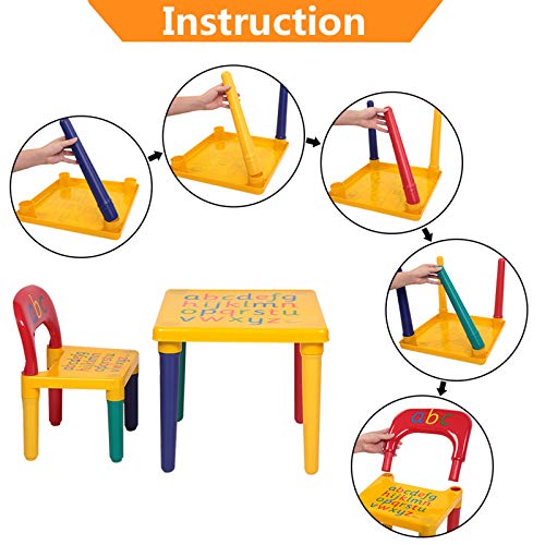 Table and Chair Set, Toddler Alphabetic Learning Activity Desk, Multicolor Children Letter Table Chair Set, Yellow & Red