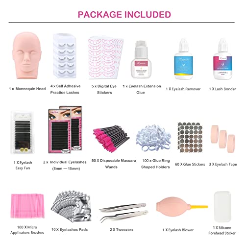 Eyelash Extension Kit, Lymzie Lash Extension Practice Kit with Mannequin Head Professional Eyelash Grafting Training Tools Set for Beginners Include Glue Tweezers