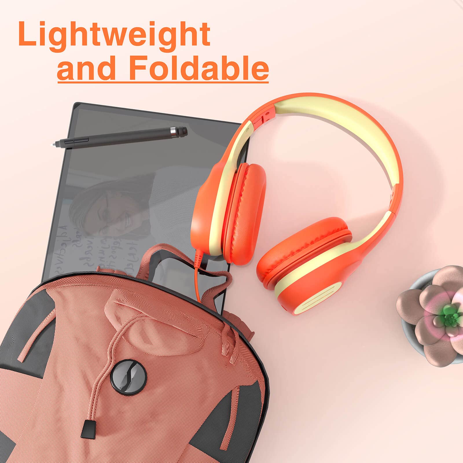 BERIBES Kids Headphones, [Vibrant Orange] Sharing Function HiFi Stereo Comfortable Fit Foldable Headphones for Kids with Microphone, Volume Limiter 85/94dB for School, Online Learning, Kindle, Plane
