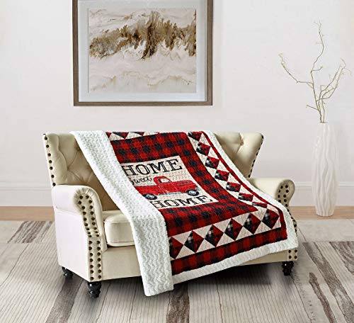 Virah Bella Quilted Country Sherpa Throw Blanket for Couch - 50" x 60" - Red Truck Home Sweet Home Plush Blanket