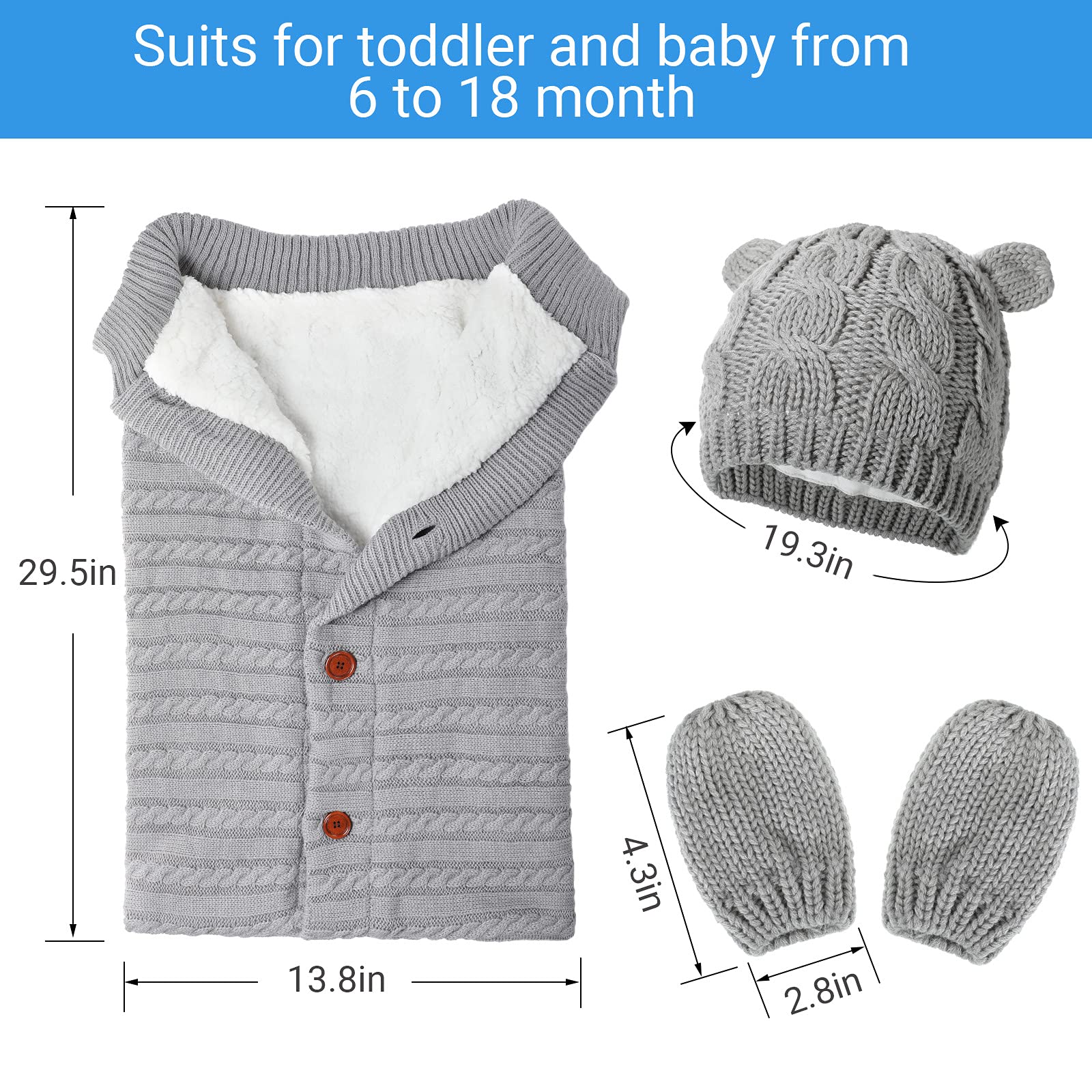 Vicenpal Newborn Baby Wrap Swaddle Blanket Knit Sleeping Bag Receiving Blanket Stroller Wrap for Baby Knitted Hat Gloves Set Beanie Hat and Mittens Unisex Design,Gray