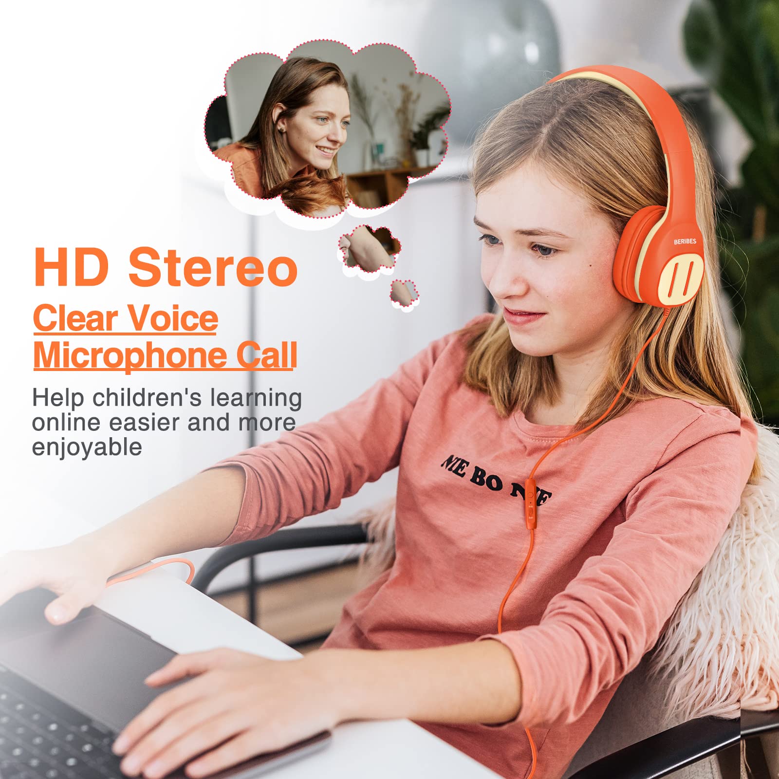 BERIBES Kids Headphones, [Vibrant Orange] Sharing Function HiFi Stereo Comfortable Fit Foldable Headphones for Kids with Microphone, Volume Limiter 85/94dB for School, Online Learning, Kindle, Plane