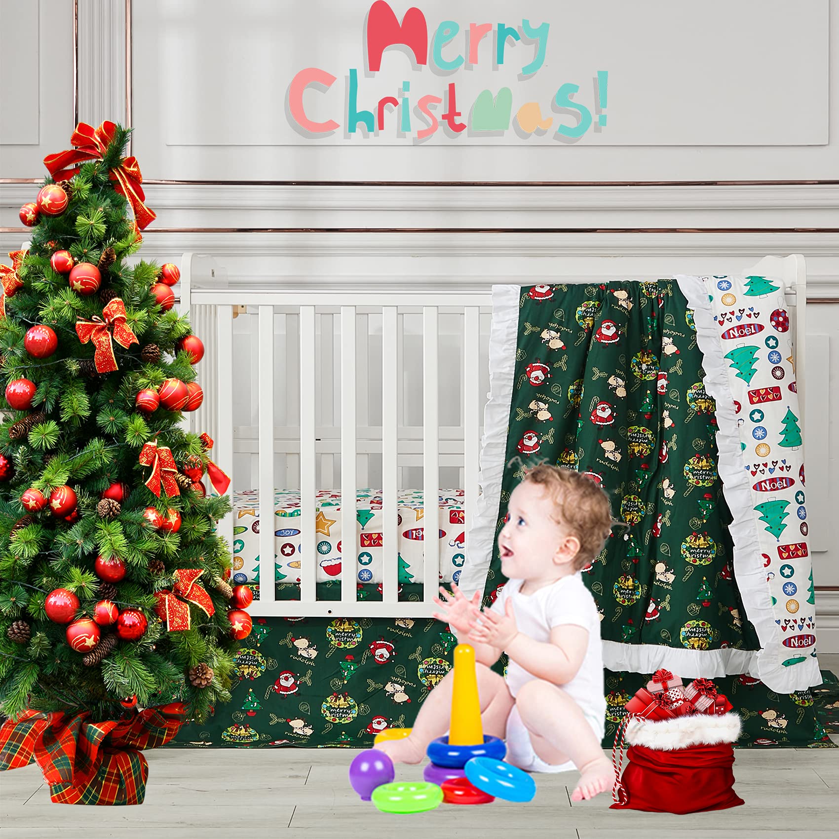 Brandream Christmas Crib Bedding Sets for Girl Boy Nursery Set 3 Pieces 100% Cotton Gender Neutral Baby Bedding | Crib Comforter, Fiited Crib Sheet, Dust Ruffle