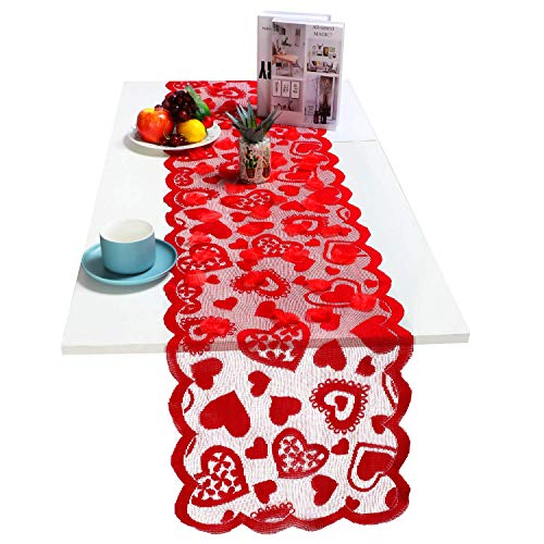 LaZimnInc Valentines Day Table Runner 72 x 13 Inch, Lace Embroidery Table Runners with Red Love Heart for Wedding Party Valentines Day Decorations