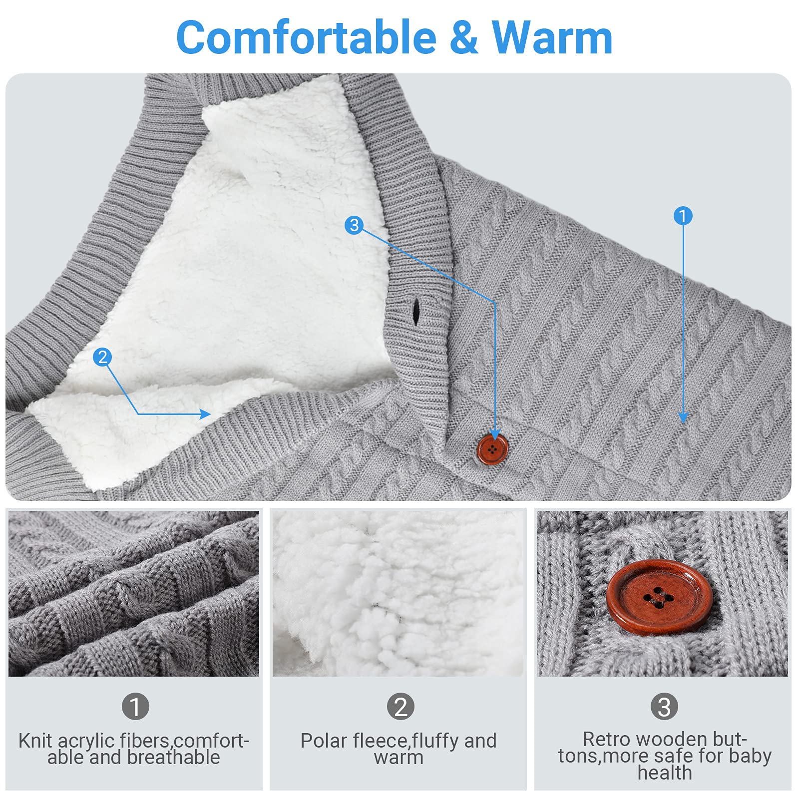 Vicenpal Newborn Baby Wrap Swaddle Blanket Knit Sleeping Bag Receiving Blanket Stroller Wrap for Baby Knitted Hat Gloves Set Beanie Hat and Mittens Unisex Design,Gray