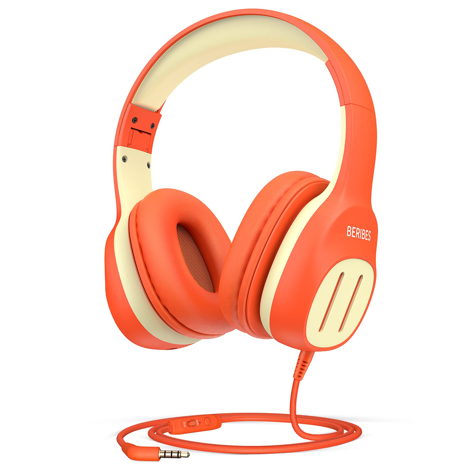 BERIBES Kids Headphones, [Vibrant Orange] Sharing Function HiFi Stereo Comfortable Fit Foldable Headphones for Kids with Microphone, Volume Limiter 85/94dB for School, Online Learning, Kindle, Plane