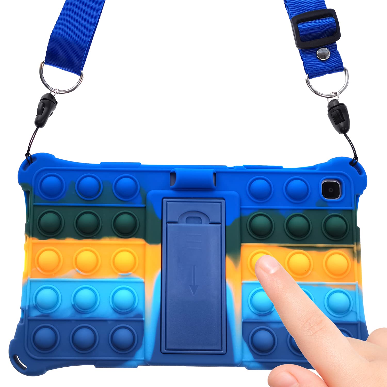 iZi Way Pop it Tablet Case for Samsung Tab A 8.0" 2019 | SM-T290/T295/T297 Kids Boys, Fidget Poppet Pop Its Push Bubble Silicone Cover Stand Strap Pencil Holder for Samsung Galaxy Tab A 8.0 - Blue