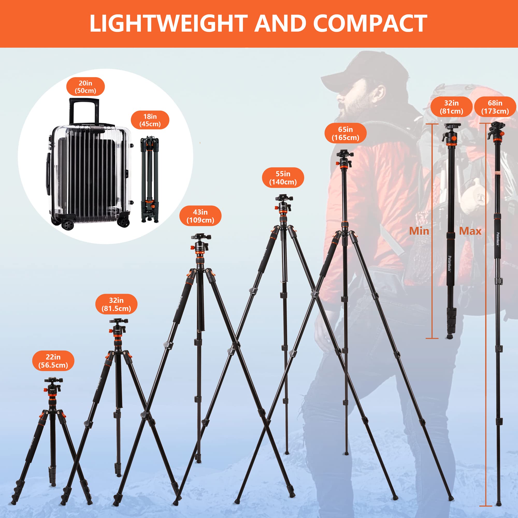 Polarduck Camera Tripod Monopod Phone Stand: 65" Professional DSLR Tripod for iPhone with Phone Mount & Travel Bag Compatible with Canon Nikon Sony Cameras Cell Phone Projector Webcam | 22lbs Load