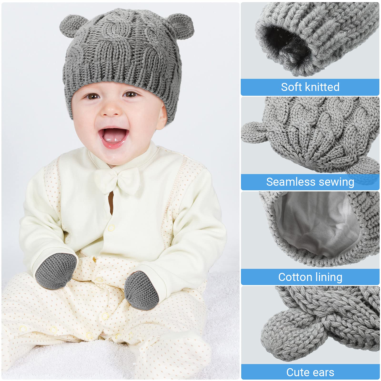 Vicenpal Newborn Baby Wrap Swaddle Blanket Knit Sleeping Bag Receiving Blanket Stroller Wrap for Baby Knitted Hat Gloves Set Beanie Hat and Mittens Unisex Design,Gray