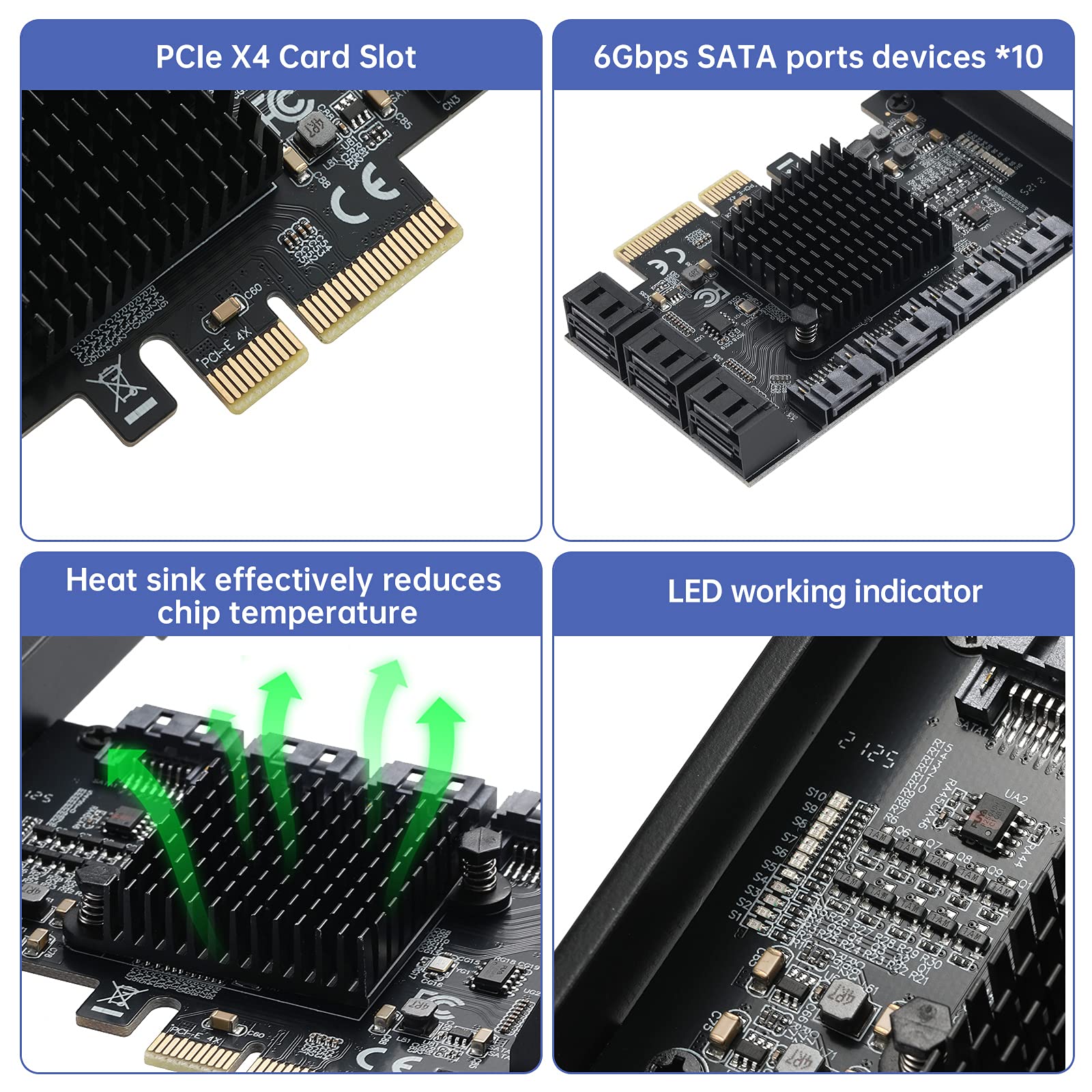 PCIE 4X SATA Card 10 Ports,with 10 SATA Cables and Low Profile Bracket, PCIE to SATA 3.0 6 Gbps Controller, PCIE to SATA Expansion Card,SATA Controller,SATA PCIE Card,ASM1166+JMB575 Chips