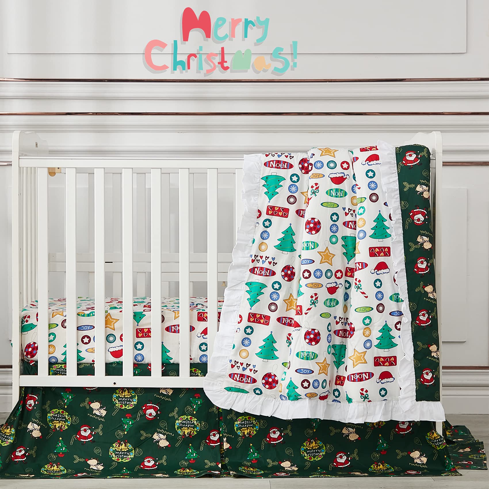Brandream Christmas Crib Bedding Sets for Girl Boy Nursery Set 3 Pieces 100% Cotton Gender Neutral Baby Bedding | Crib Comforter, Fiited Crib Sheet, Dust Ruffle