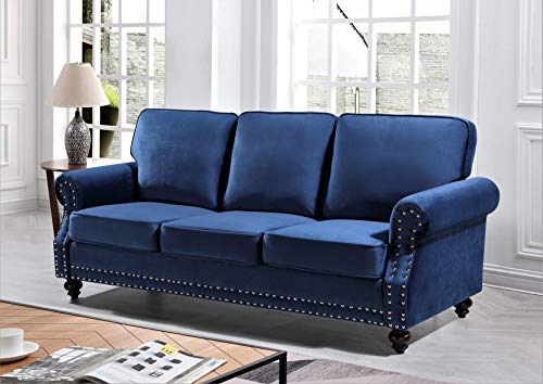 Container Furniture Direct Lotus Mid Century Modern Velvet Upholstered Living Room Rolled Arms, Sofa, Cobalt Blue