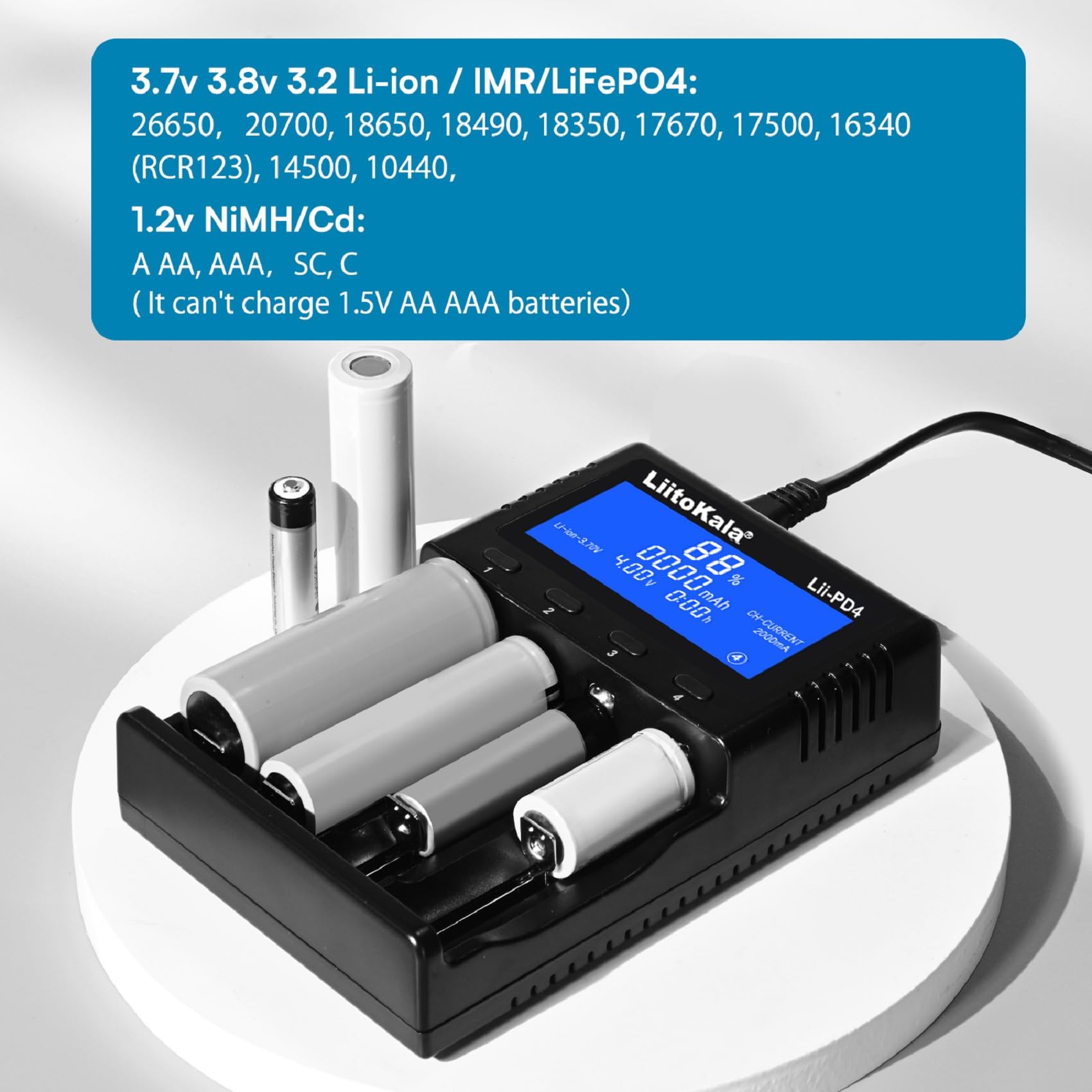 4 Bay Smart 18650 Charger with LCD Digital Display Universal Battery Charger for: 26650 20700 18650 18350 17670 17500 16340(RCR123) 14500 AA AAA SC C Batteries