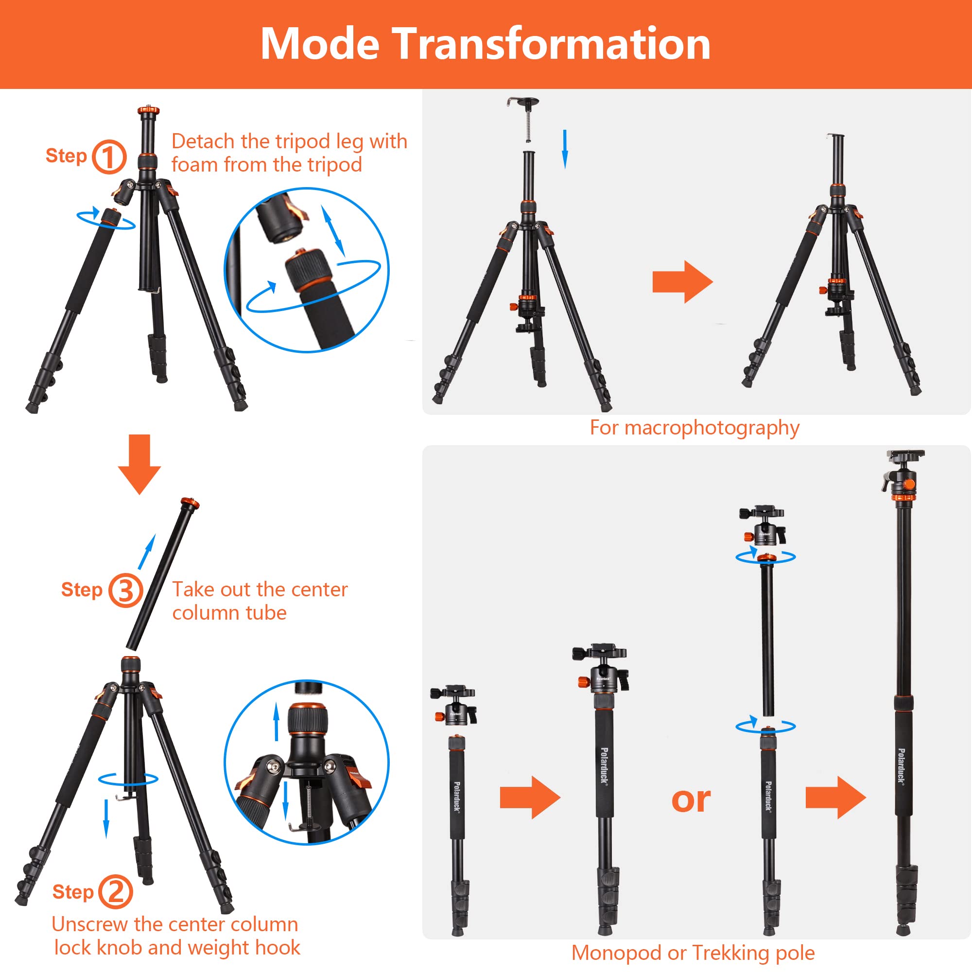 Polarduck Camera Tripod Monopod Phone Stand: 65" Professional DSLR Tripod for iPhone with Phone Mount & Travel Bag Compatible with Canon Nikon Sony Cameras Cell Phone Projector Webcam | 22lbs Load