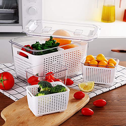 Fruit Containers for Fridge, 3 Pack Vegetable Fruit Container Storage, BELIBUY Fresh Produce Saver Containers BPA Free Fridge Food Storage Containers with Strainers and Vents, White