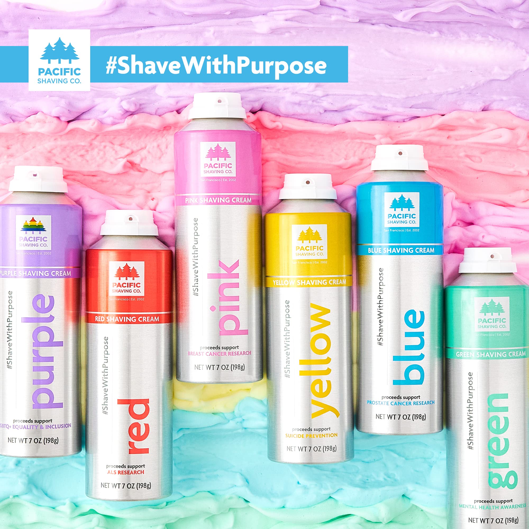 Pacific Shaving Company COLORFUL Shaving Cream, Shave with Purpose - Safe & Natural Ingredients, Cruelty Free, Made in the USA - 6 Item Bundle (7 oz each)