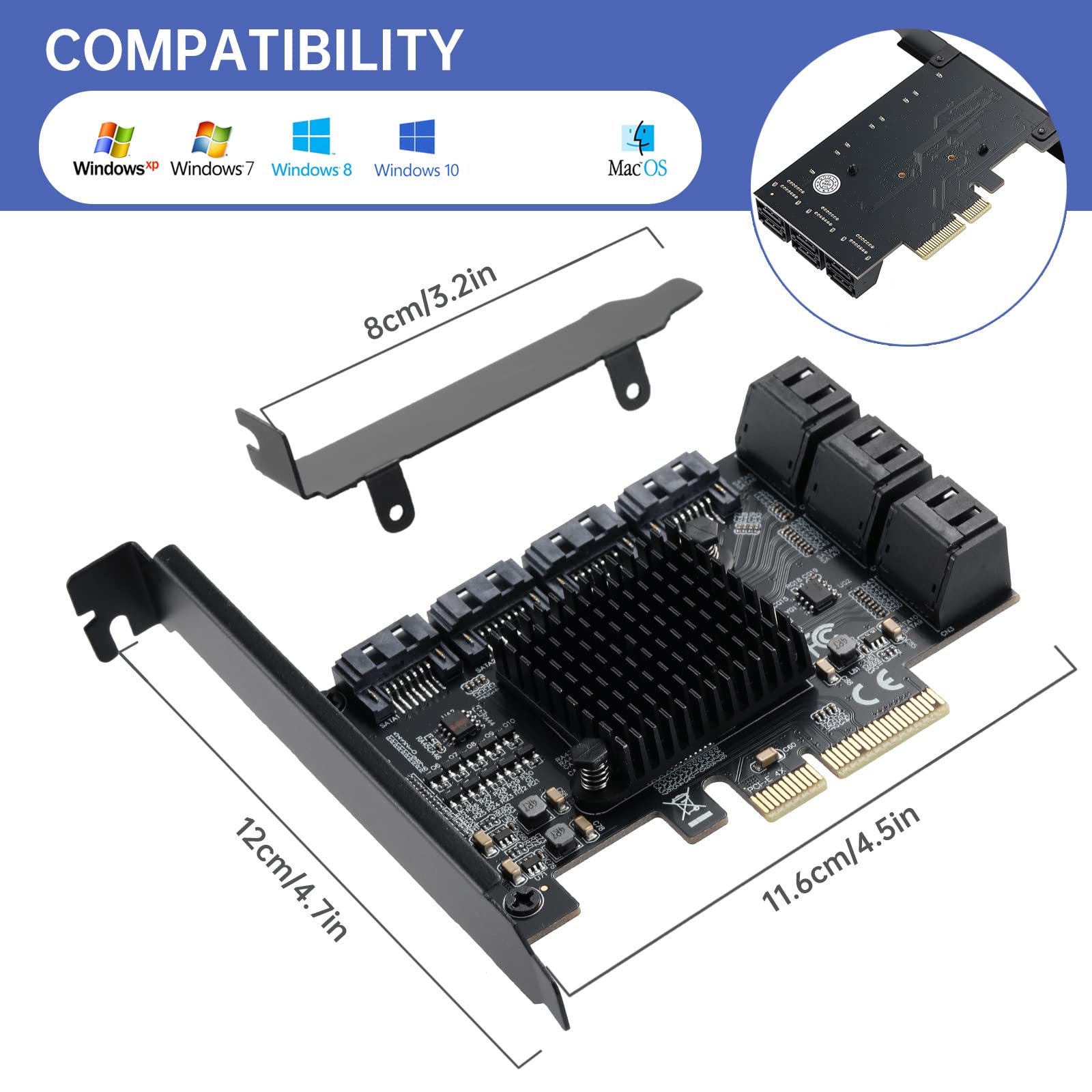 PCIE 4X SATA Card 10 Ports,with 10 SATA Cables and Low Profile Bracket, PCIE to SATA 3.0 6 Gbps Controller, PCIE to SATA Expansion Card,SATA Controller,SATA PCIE Card,ASM1166+JMB575 Chips