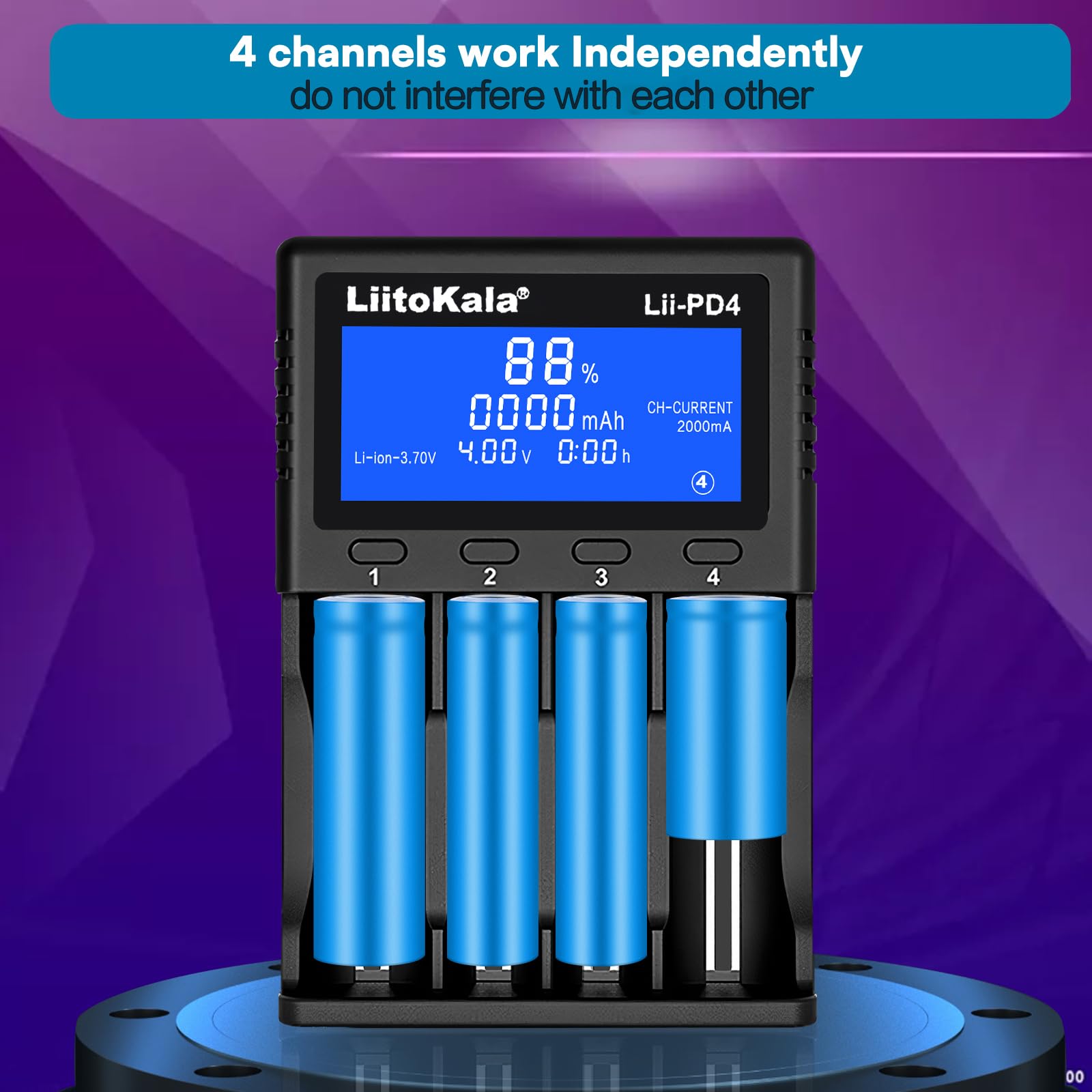 4 Bay Smart 18650 Charger with LCD Digital Display Universal Battery Charger for: 26650 20700 18650 18350 17670 17500 16340(RCR123) 14500 AA AAA SC C Batteries