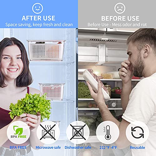 Fruit Containers for Fridge, 3 Pack Vegetable Fruit Container Storage, BELIBUY Fresh Produce Saver Containers BPA Free Fridge Food Storage Containers with Strainers and Vents, White