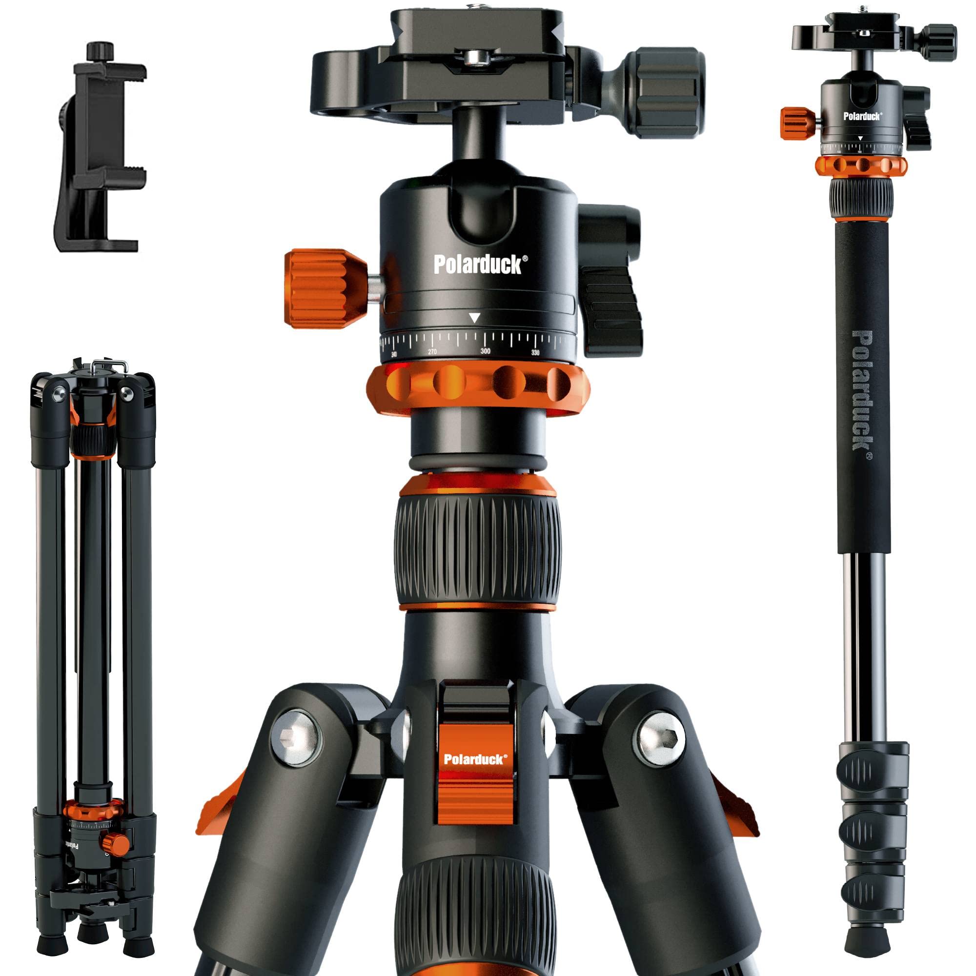 Polarduck Camera Tripod Monopod Phone Stand: 65" Professional DSLR Tripod for iPhone with Phone Mount & Travel Bag Compatible with Canon Nikon Sony Cameras Cell Phone Projector Webcam | 22lbs Load