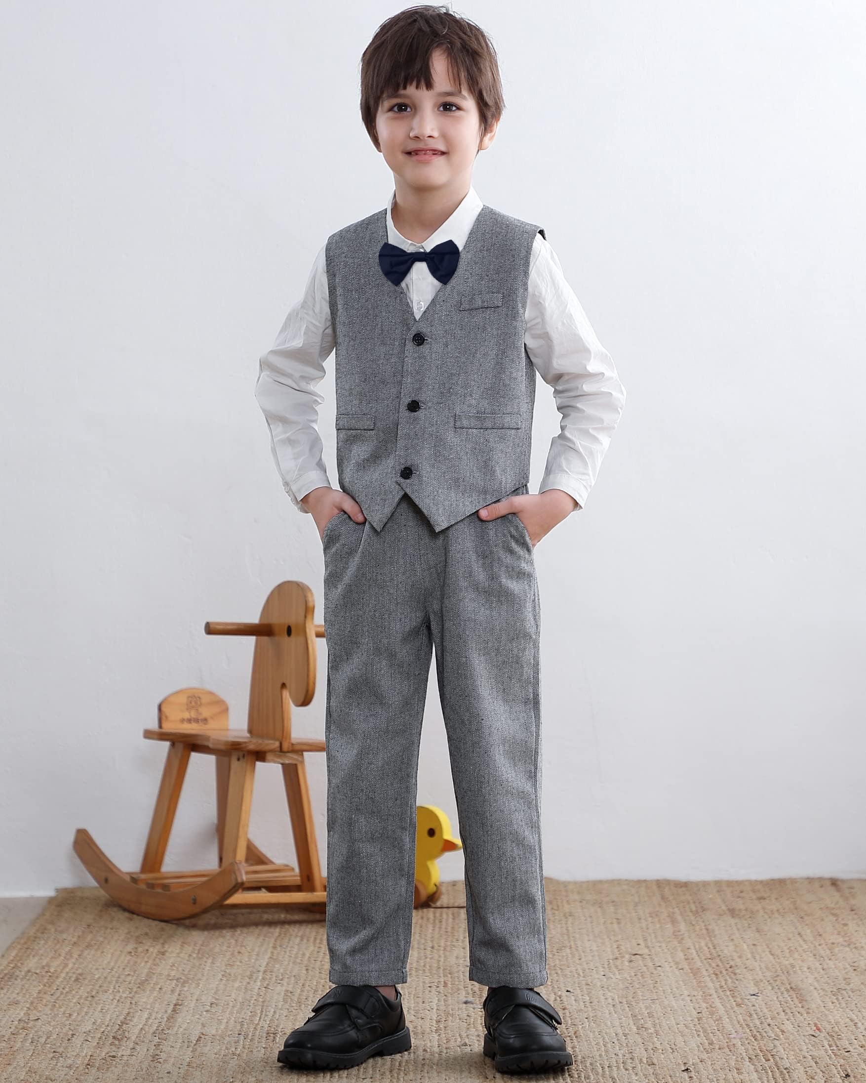 SANGTREE Boys Tuxedo Outfits Suits, Button-Up Formal White Bow Tie Shirt + Vest + Suspender Pants Wedding Party Clothes Set, Grey Claws, 12-18 Months = Tag 80