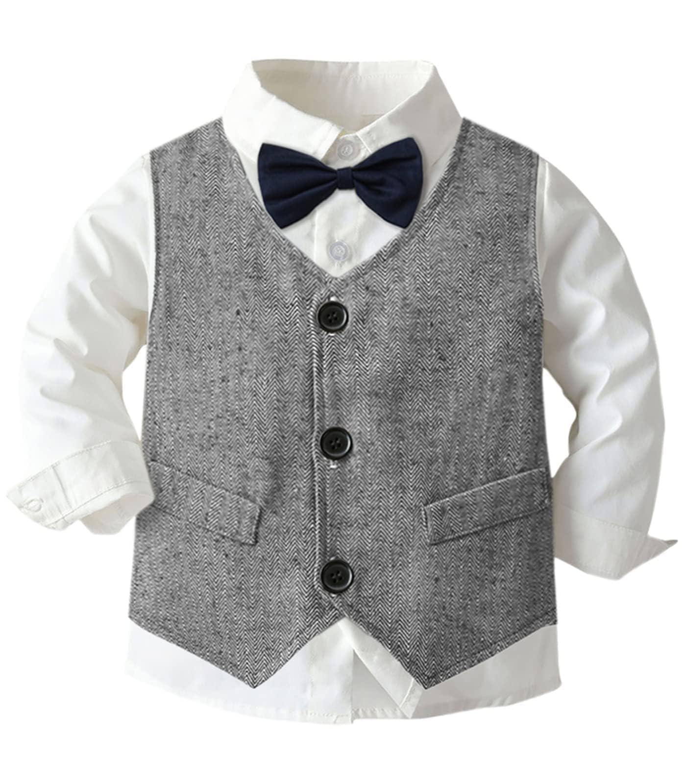 SANGTREE Boys Tuxedo Outfits Suits, Button-Up Formal White Bow Tie Shirt + Vest + Suspender Pants Wedding Party Clothes Set, Grey Claws, 12-18 Months = Tag 80