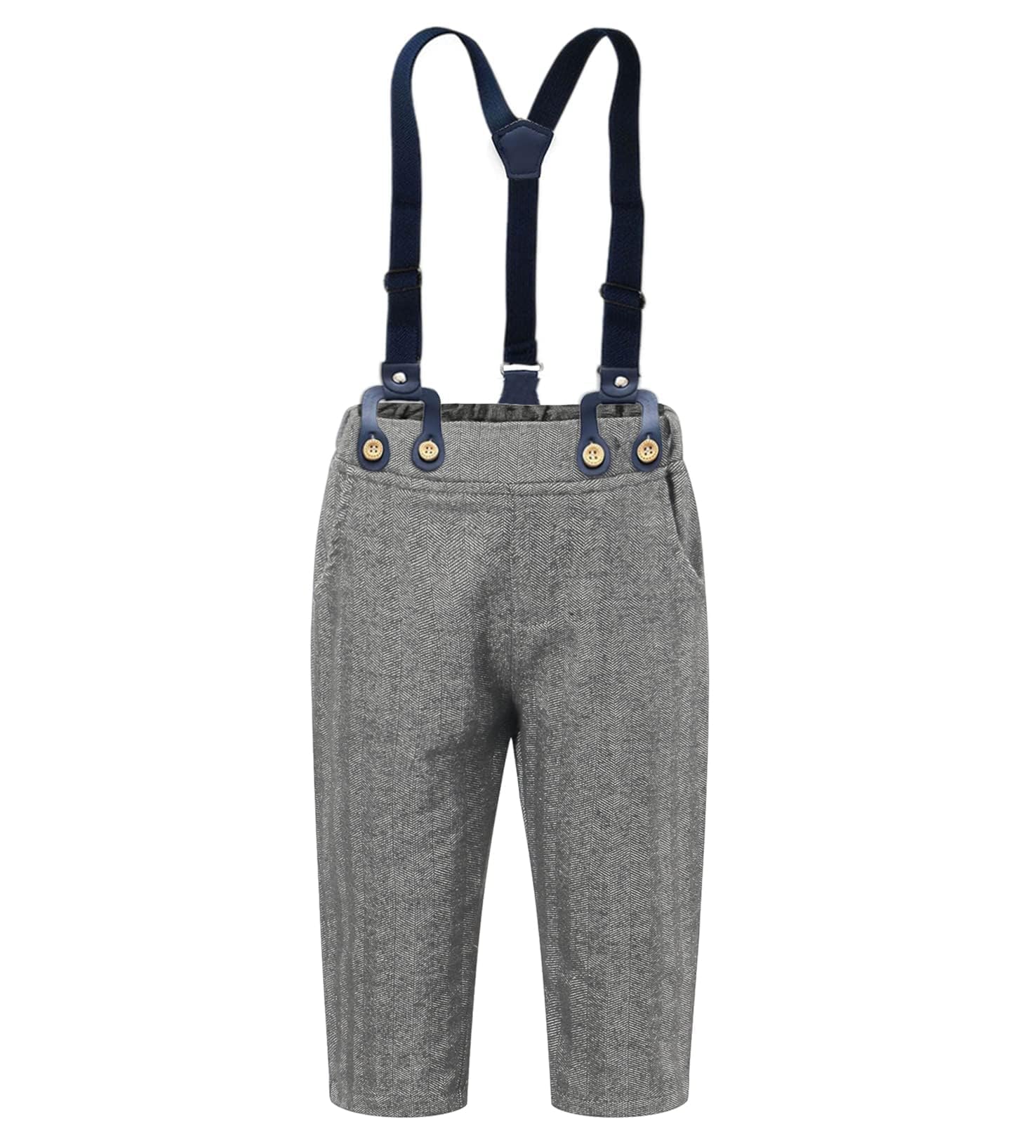 SANGTREE Boys Tuxedo Outfits Suits, Button-Up Formal White Bow Tie Shirt + Vest + Suspender Pants Wedding Party Clothes Set, Grey Claws, 12-18 Months = Tag 80