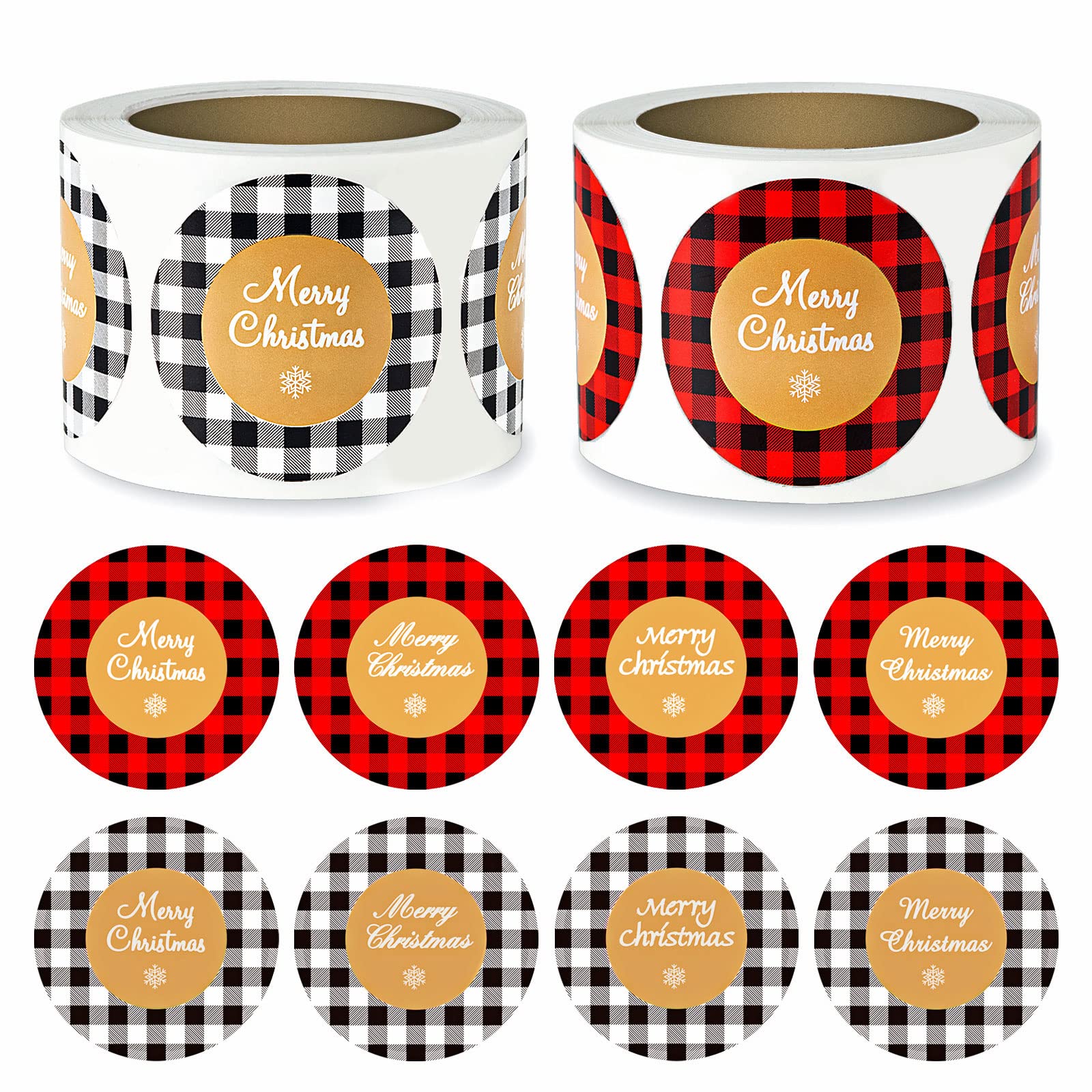 500 Pieces Merry Christmas Stickers Roll, Buffalo Plaid Stickers for Christmas Cards Envelopes Bags Boxes, 1.5" Round Christmas Tags Xmas Present Labels for Holiday Gift Sealing Party Cards, 2 Rolls