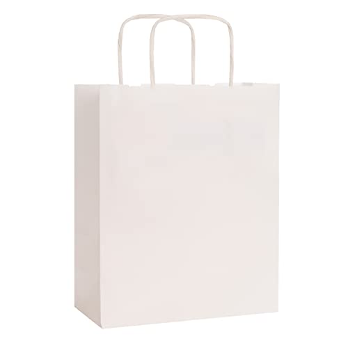 50 Pack - Premium Quality - Trendy Kraft Paper Bags With Handles | Bulk Small White Paper Gift Bags, Perfect Kraft Bag, Party Bag or Shopping Bag (5" x 3" x 8", White)