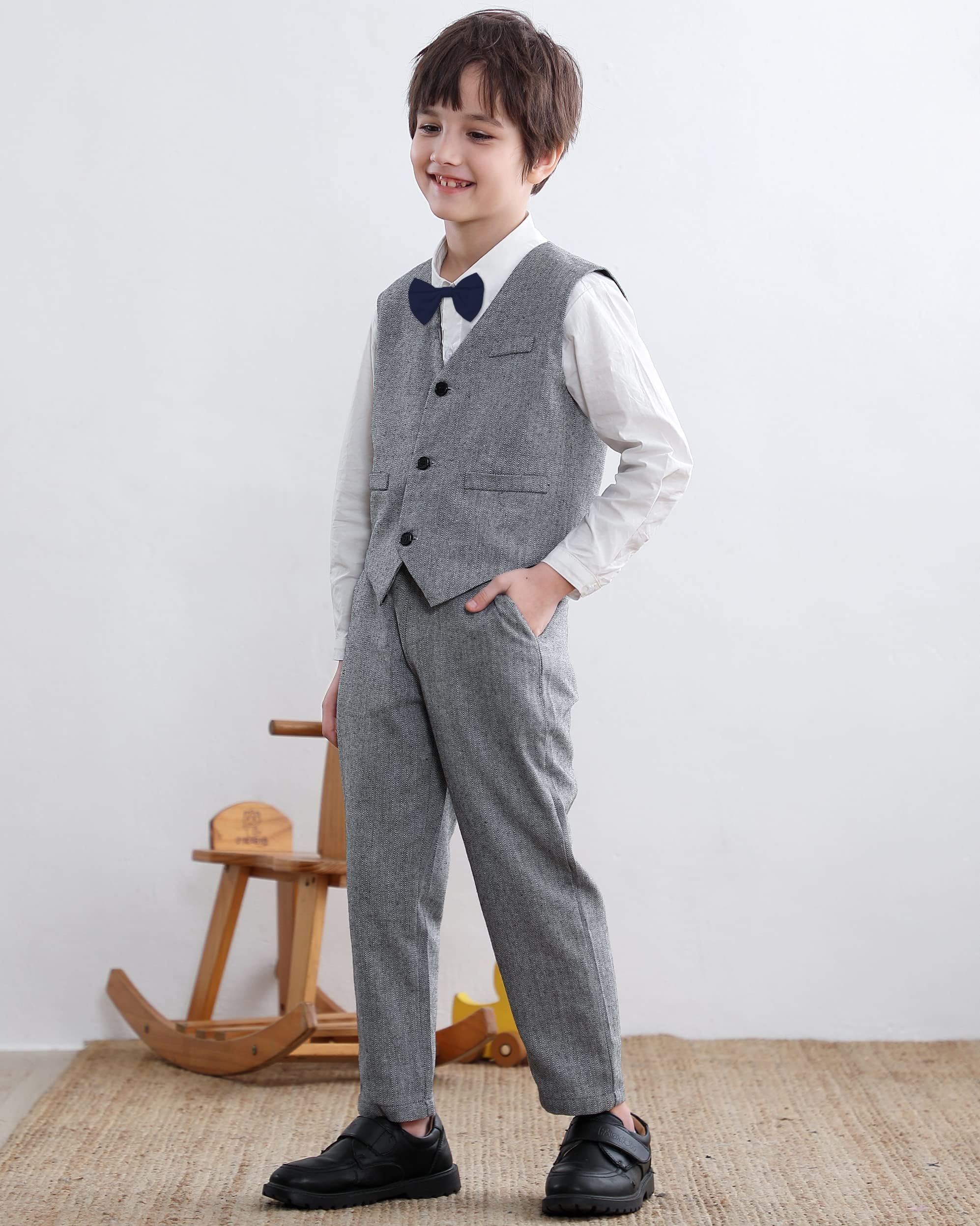 SANGTREE Boys Tuxedo Outfits Suits, Button-Up Formal White Bow Tie Shirt + Vest + Suspender Pants Wedding Party Clothes Set, Grey Claws, 12-18 Months = Tag 80