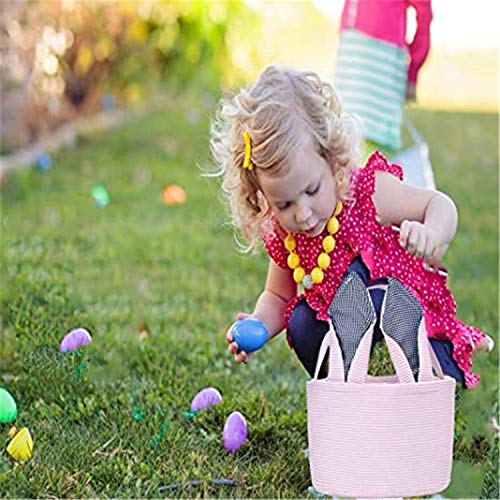 Easter Basket Seersucker Egg Hunt Bunny Baskets for Kids Children,Easter Egg Hunt Bucket Bunny Ear Egg Hunting Candy Carry Basket Party Gifts (Purple)