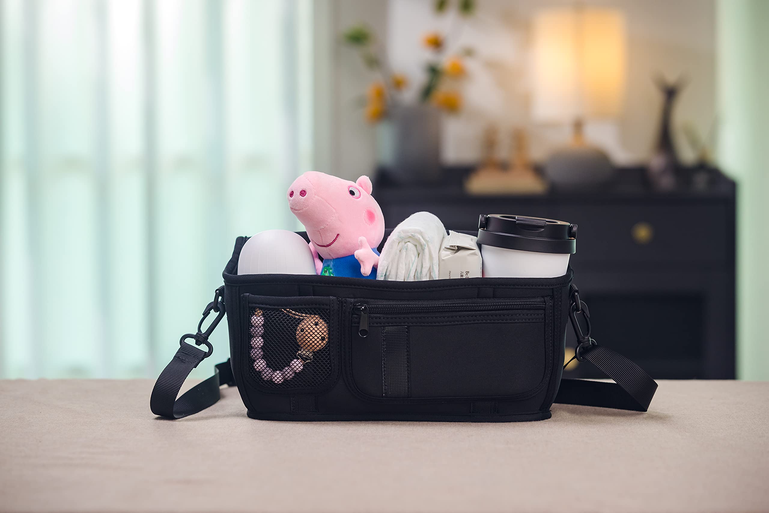 HOFISH Universal Stroller Organizer with Cup Holder, Neoprene Material Diaper Storage, Secure Straps,Pockets for Phone, Keys,Compact Design Fit Most Strollers (ST01B)