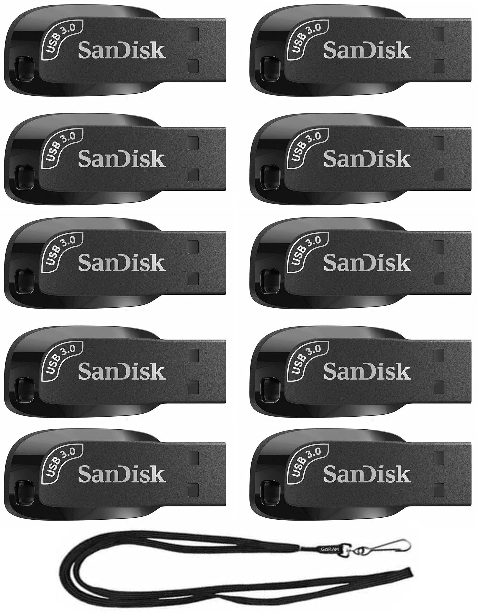 SanDisk 32GB (10 Pack) Ultra Shift USB 3.0 High Speed 100MB/s Flash Drive SDCZ410-032G Bundle with (5) GoRAM Black Lanyard (32GB, 10 Pack)