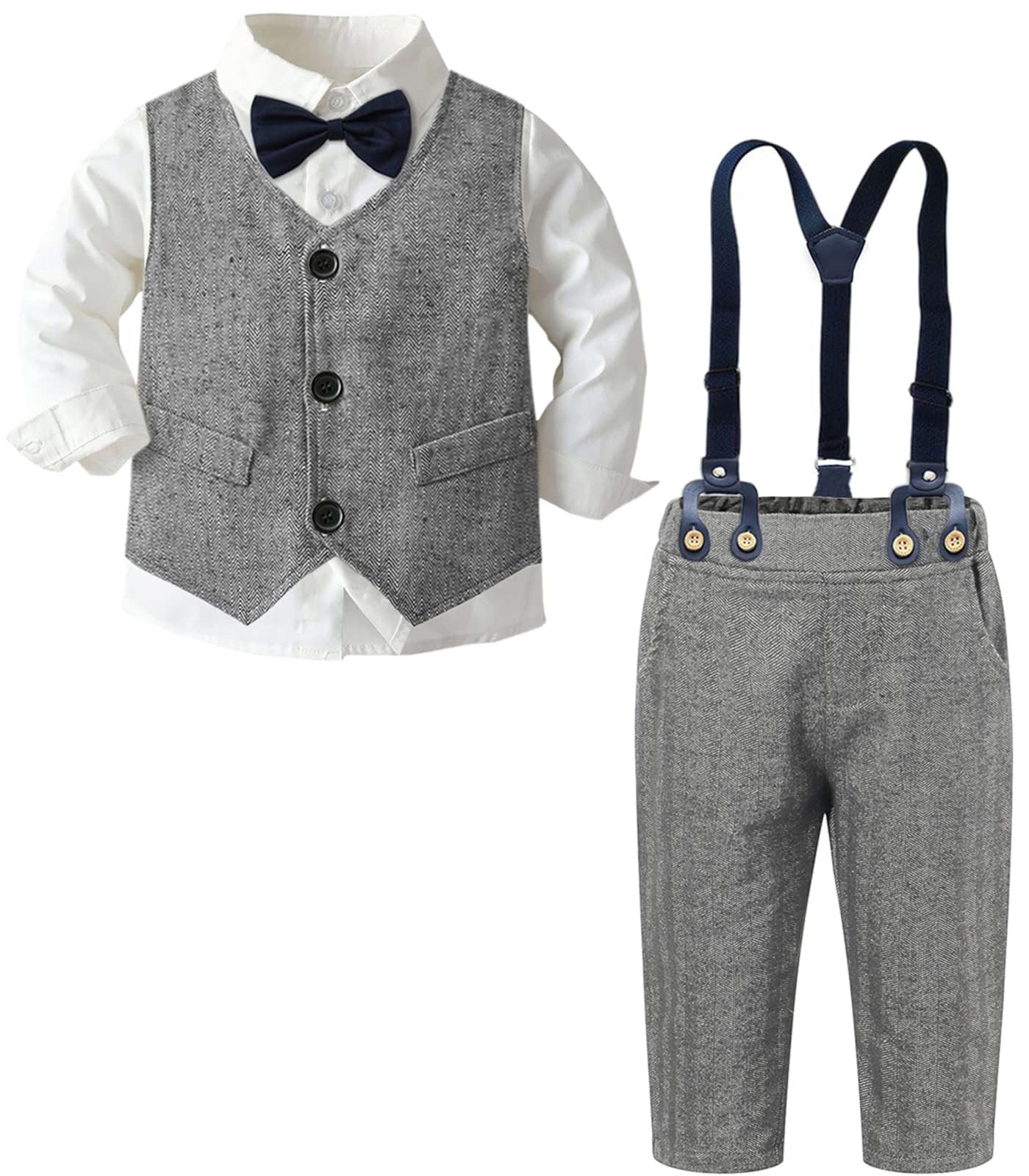 SANGTREE Boys Tuxedo Outfits Suits, Button-Up Formal White Bow Tie Shirt + Vest + Suspender Pants Wedding Party Clothes Set, Grey Claws, 12-18 Months = Tag 80