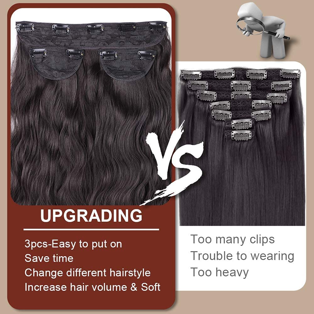 DeeThens Clip in Hair Extensions Long Dark Brown Hair Extensions for Women Wavy Synthetic Thick Hair Extensions Full Head Invisible 3pcs (Dark Brown)