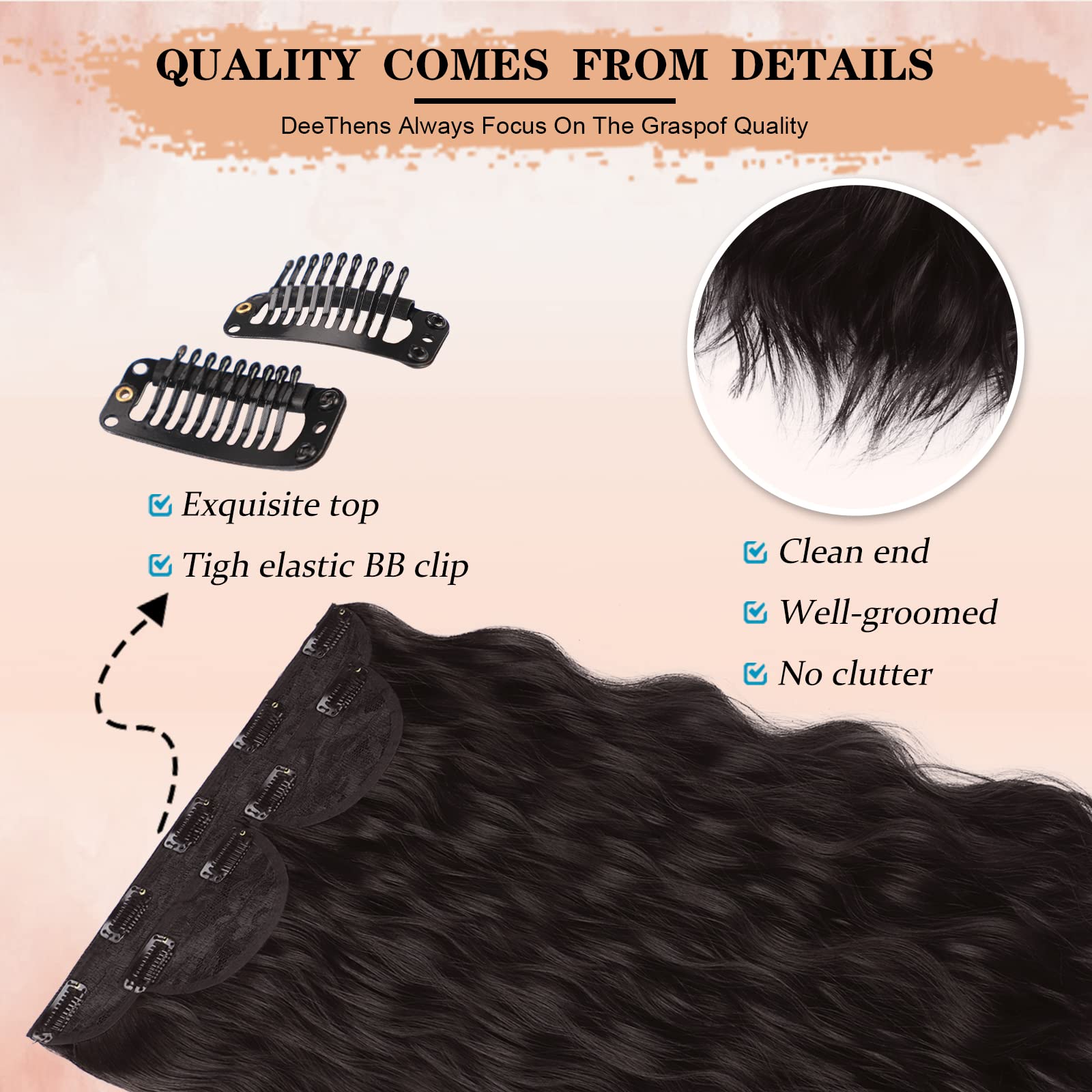 DeeThens Clip in Hair Extensions Long Dark Brown Hair Extensions for Women Wavy Synthetic Thick Hair Extensions Full Head Invisible 3pcs (Dark Brown)