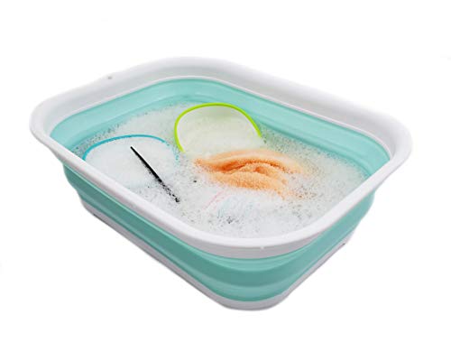 SAMMART 12L (3.17 Gallon) Collapsible Tub - Foldable Dish Tub - Portable Washing Basin - Space Saving Plastic Washtub (2, White/Lake Green)